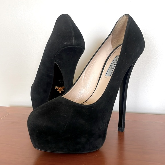 Prada | Shoes | Prada Black Suede Platform Stiletto Heels | Poshmark